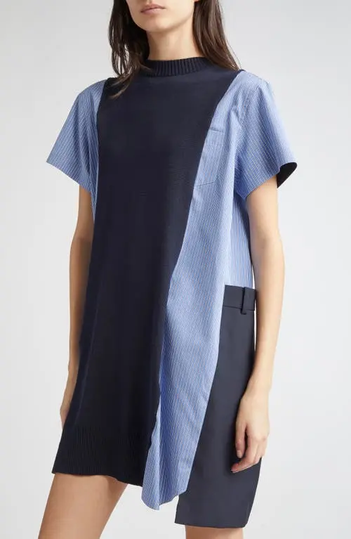 Sacai Mixed Media Knit & Poplin Dress In Navy/Blue Stripe - 40
